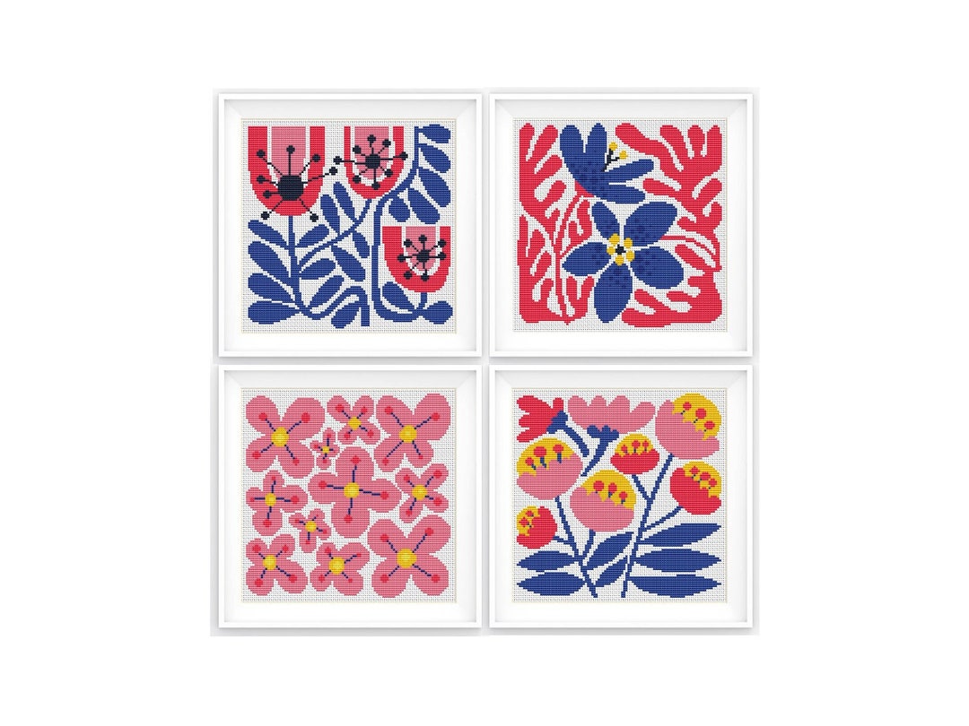 Set of 4 Modern Boho Cross Stitch Patterns, Abstract Floral Cross ...