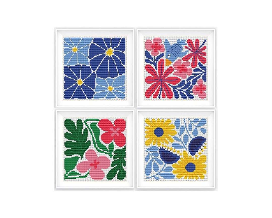 Set of 4 Modern Boho Cross Stitch Patterns, Abstract Floral Cross ...