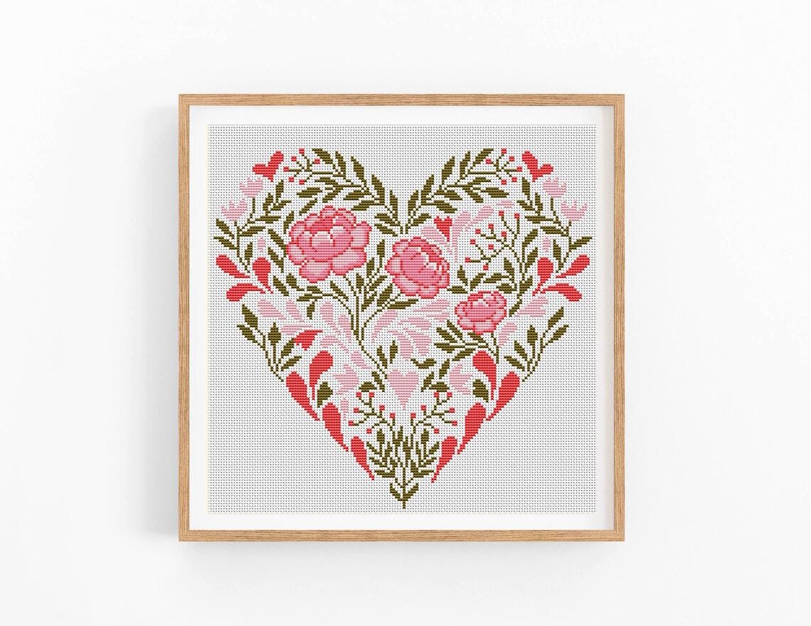 Modern Cross Stitch Pattern Flower Heart Love, Valentines Day ...