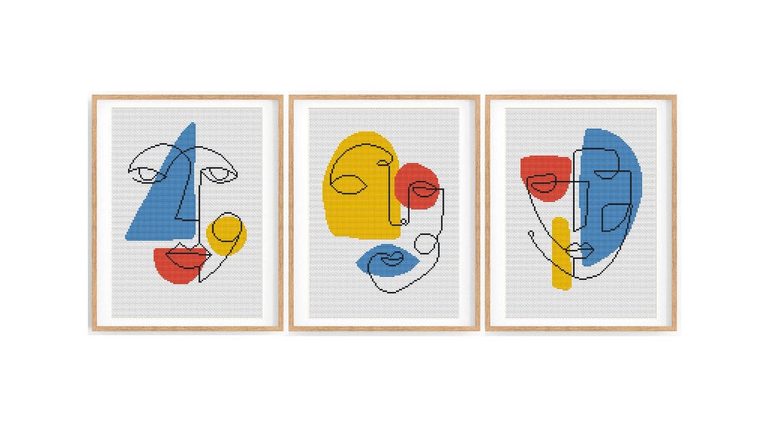 Set of 3 Modern Boho Cross Stitch Patterns, Abstract Portrait Cross ...