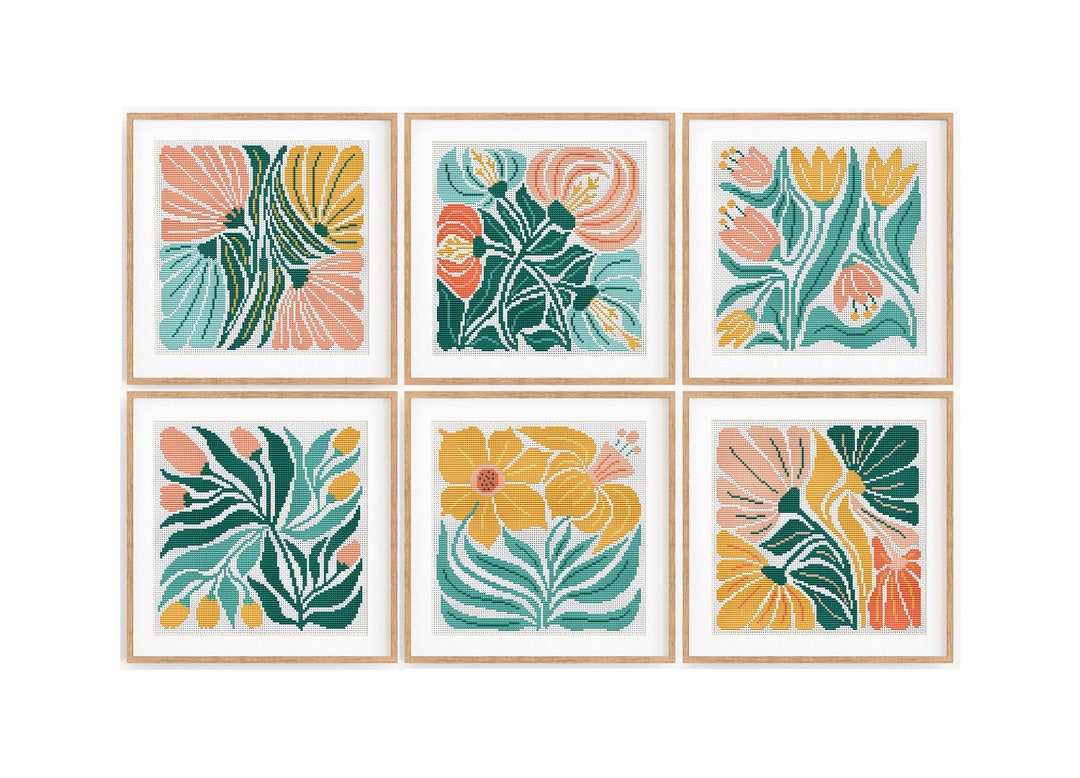 Set of 6 Modern Flowers Cross Stitch Patterns, Abstract Nature Cross ...