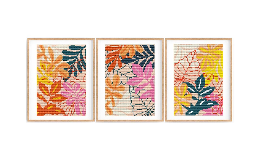 Set of 3 Modern Boho Cross Stitch Patterns, Abstract Plant Cross Stitch ...