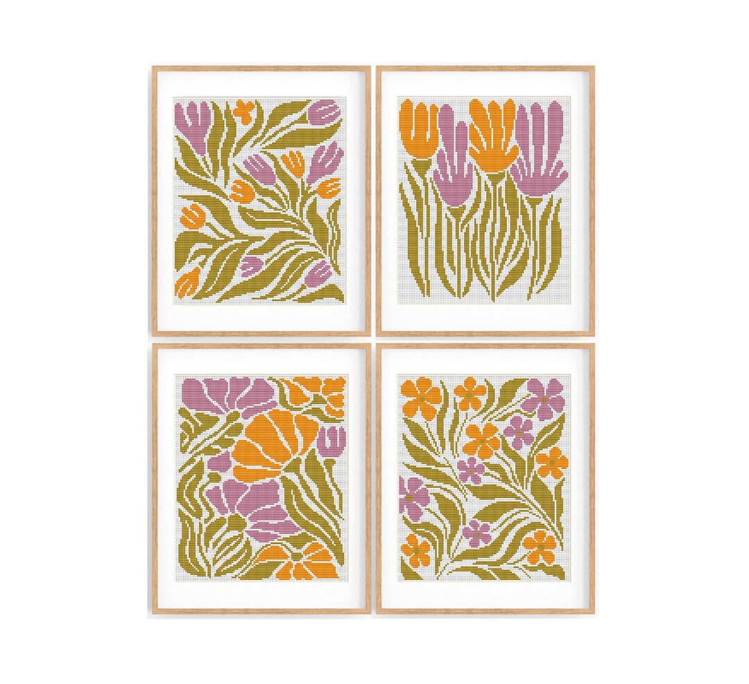 Set of 4 Modern Boho Cross Stitch Patterns, Abstract Floral Cross ...