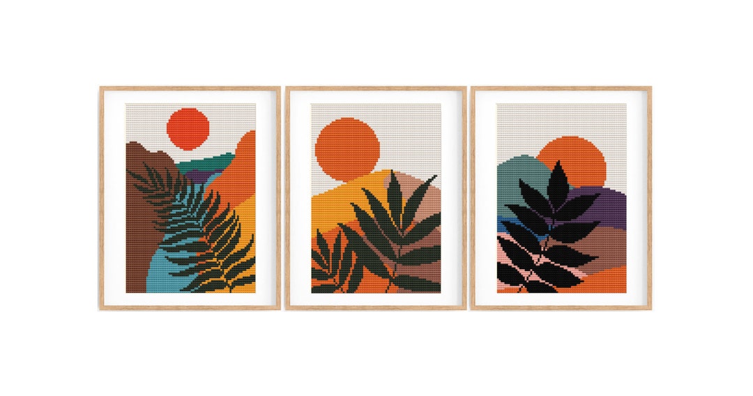 Set of 3 Modern Boho Cross Stitch Patterns, Abstract Nature Cross ...