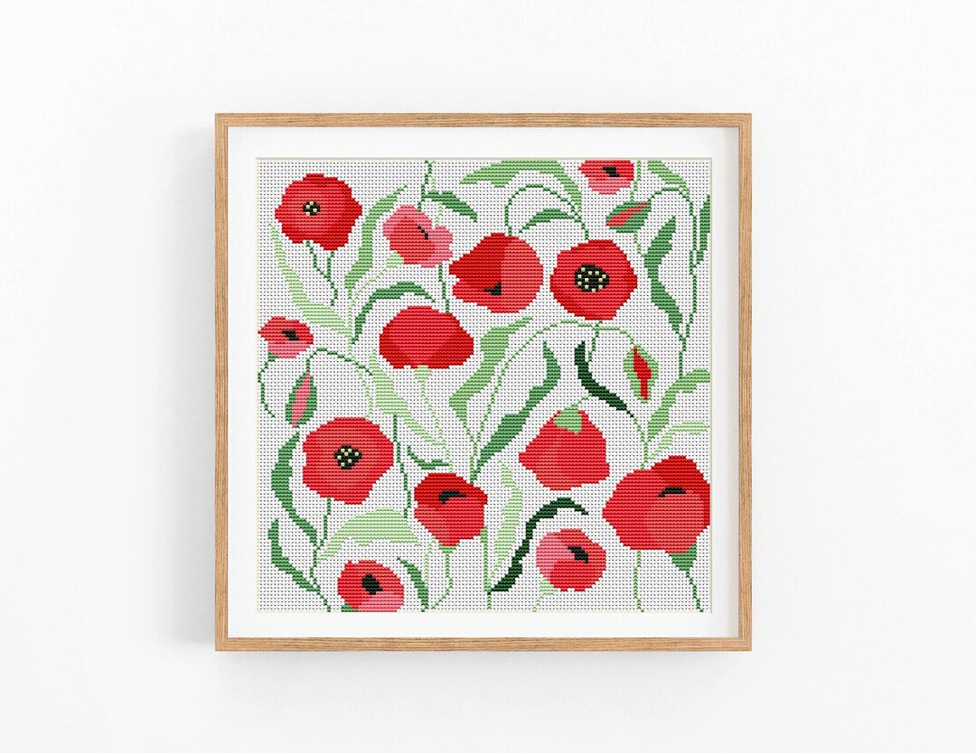 Red Poppy Cross Stitch PDF | Modern Floral Embroidery Pattern ...