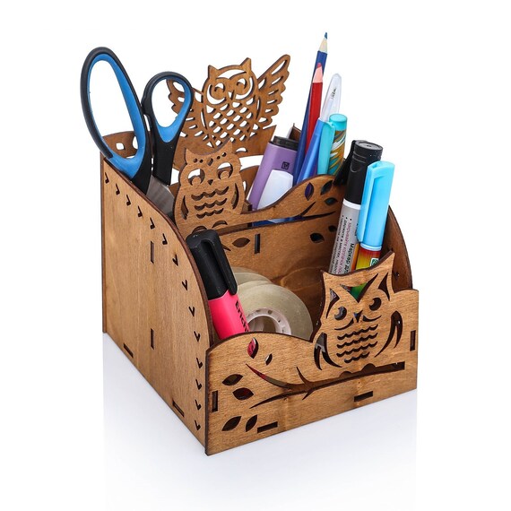 Laser Cut Owl Wooden Desktop Organizer Office Supplies Storage Rack 3 mm SVG CDR File