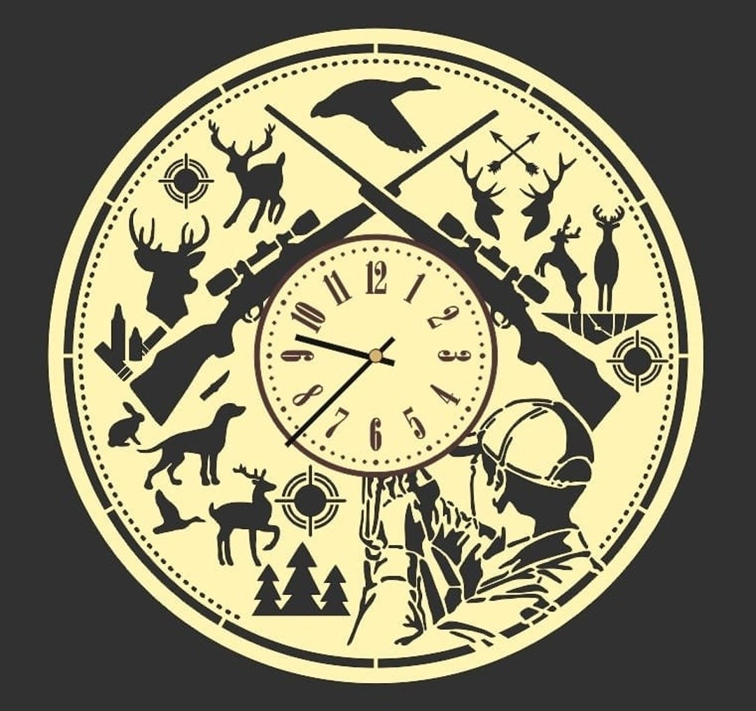 Lasercut Hunter Wall Clock Wild Animals Wooden Model Design SVG DXF ...