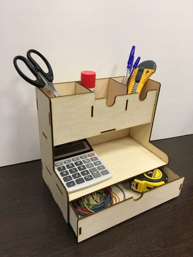 Laser Cut Wooden Desk Organizer With Drawers Pen Holder - Etsy