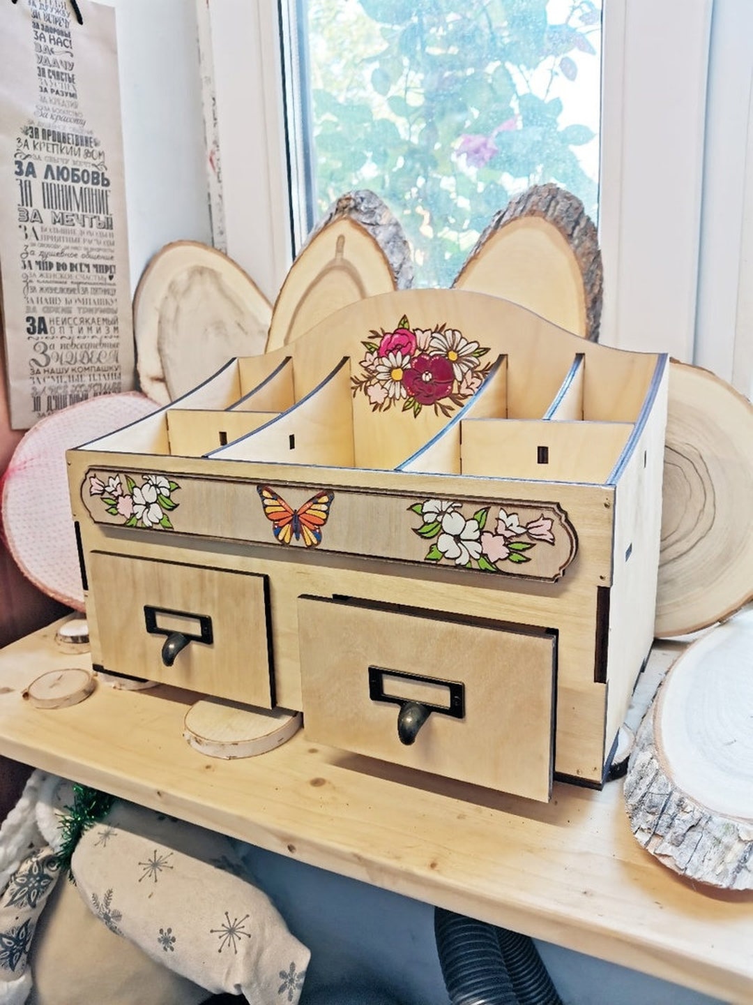 Laser Cut Wooden Desk Organizer With Drawers Pen Holder Storage Box 6 ...