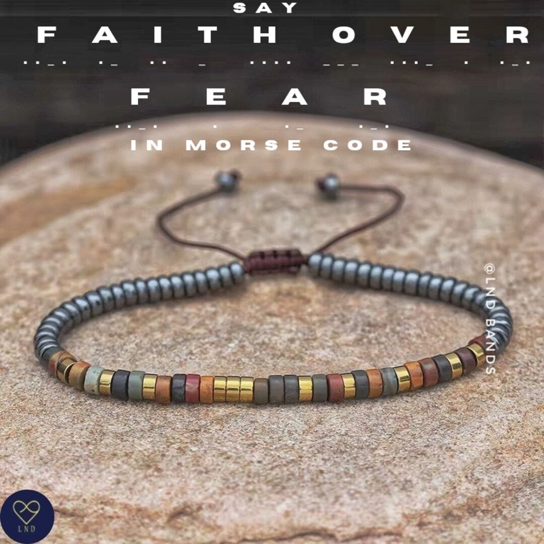 Morse Code FAITH OVER FEAR Picasso Jasper Grey Hematite Bracelet ...
