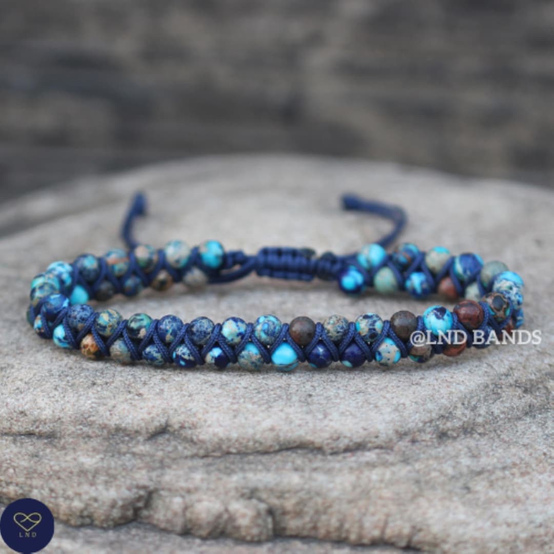 Blue Galaxy Sea Sediment Jasper Macrame Bracelet: Adjustable Bohemian ...
