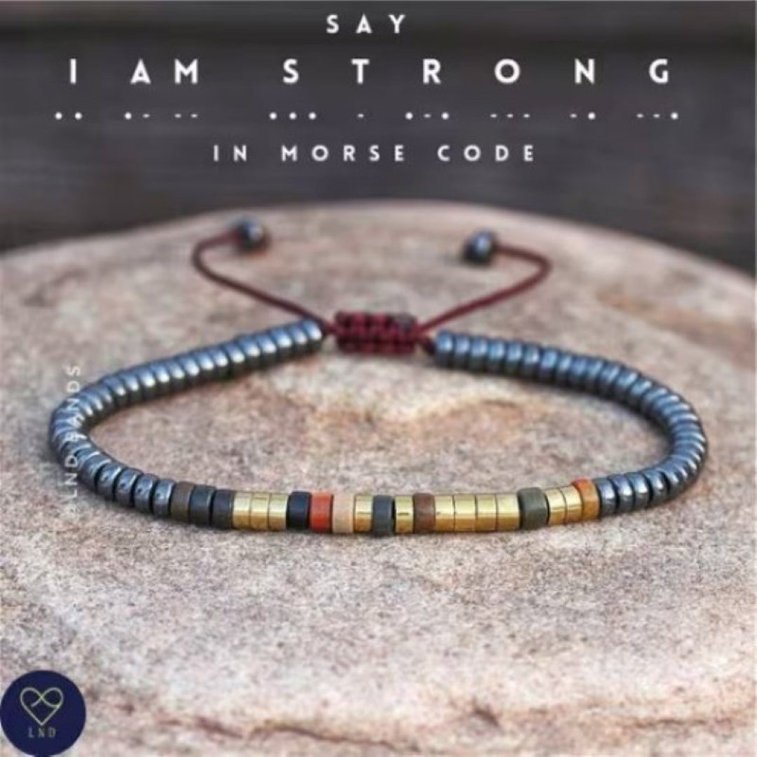 Morse Code I AM STRONG Picasso Jasper Hematite Adjustable Bracelet ...