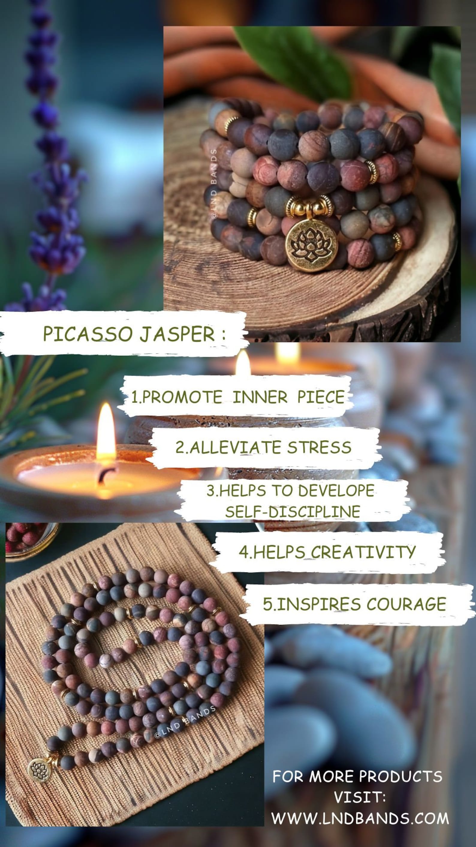 Mala Prayer 108 Beads Matte Picasso Jasper Bracelet Necklace, Yoga ...