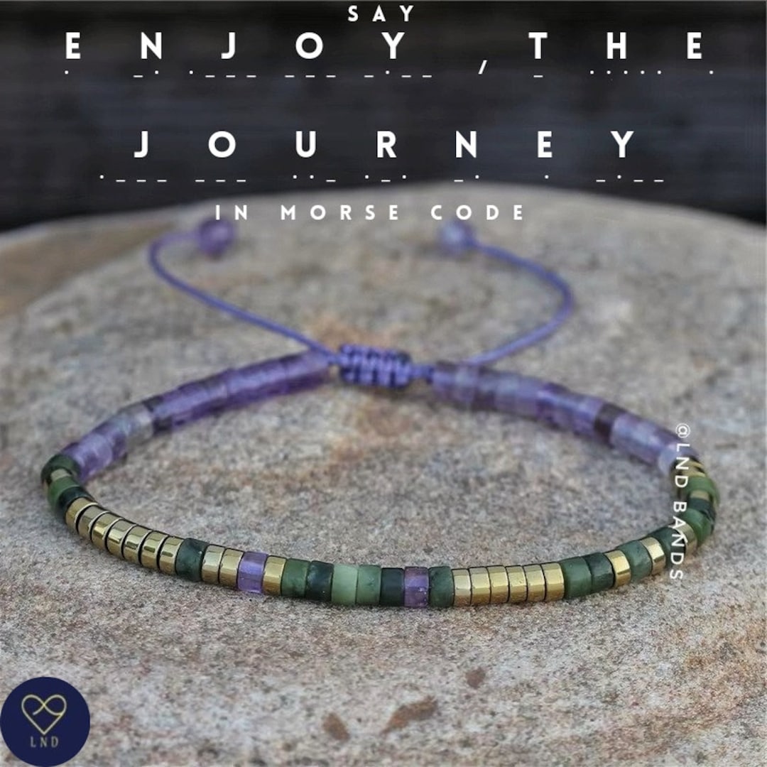 Morse Code 'enjoy the Journey' Bead Bracelet: Amethyst, Olive Jade ...