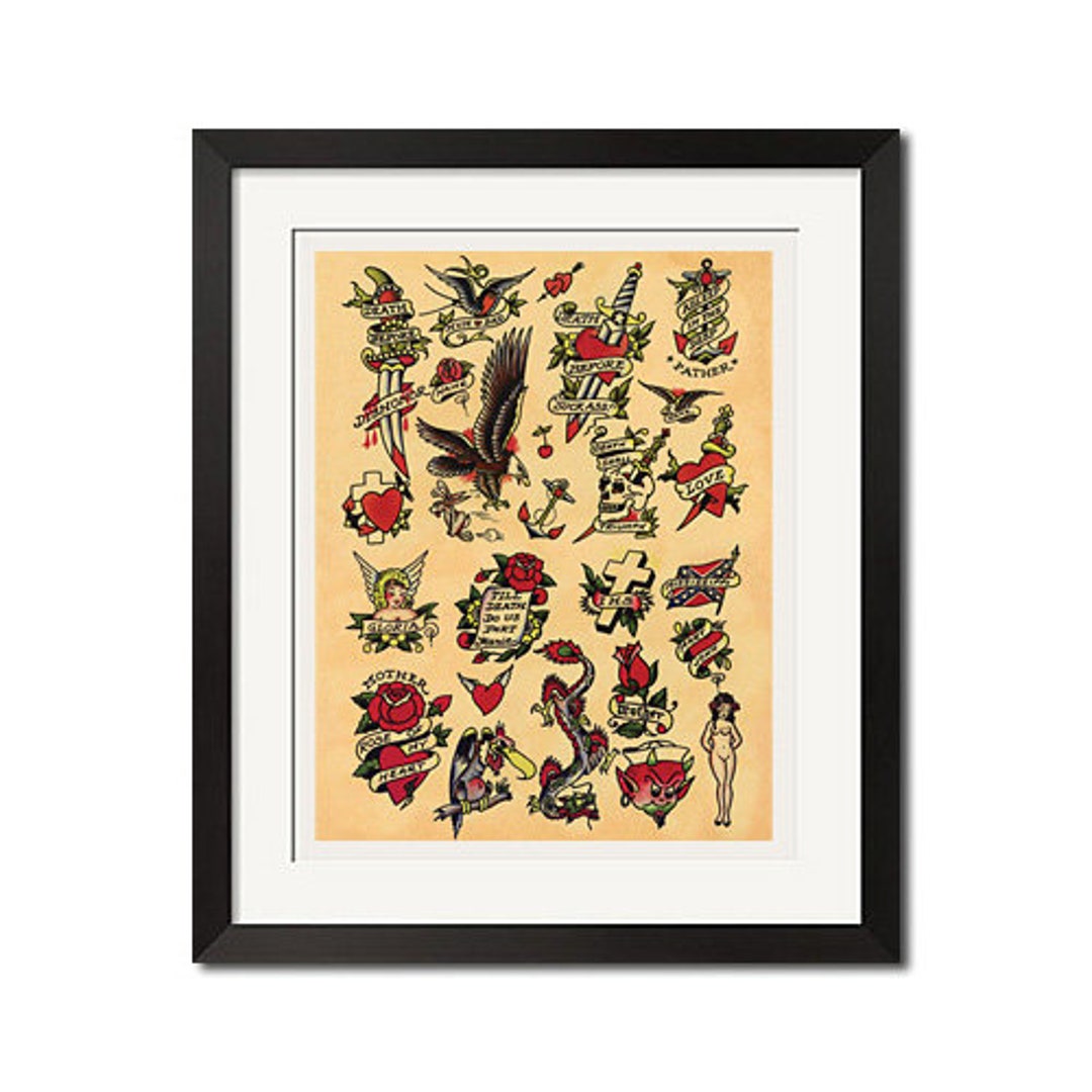 17x22 - Sailor Jerry Cross Dagger Eagle Skull Swallow Old School ...