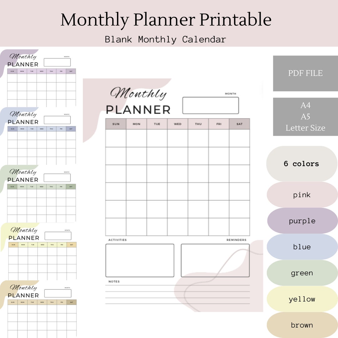Printable Monthly Planner, Sunday Start Blank Monthly Calendar PDF, A4 ...