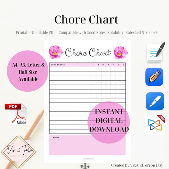 Daily Chore Chart Cleaning Schedule Goodnotes Notability | Etsy