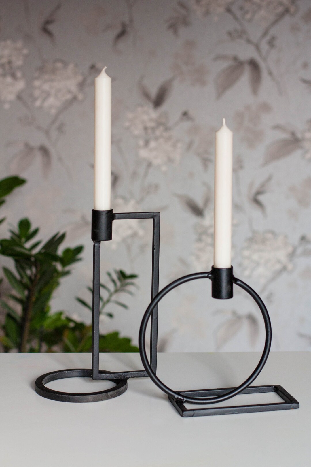 Modern Black Metal Candlestick Set: 2 Pcs Geometric Taper Candle ...