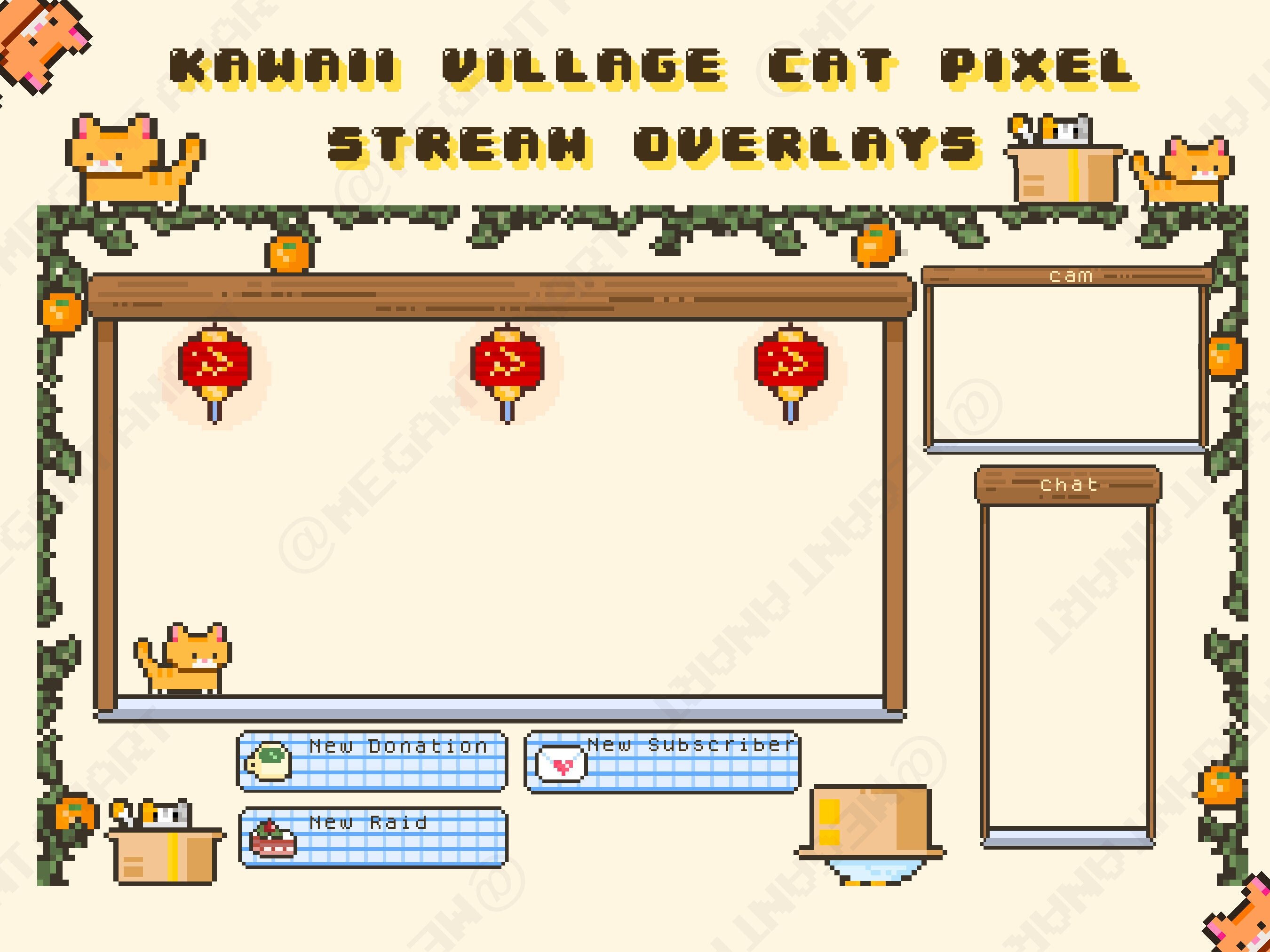 TWITCH OVERLAYS Cute Animated Pixel Art Village Cat Neko Stream ...