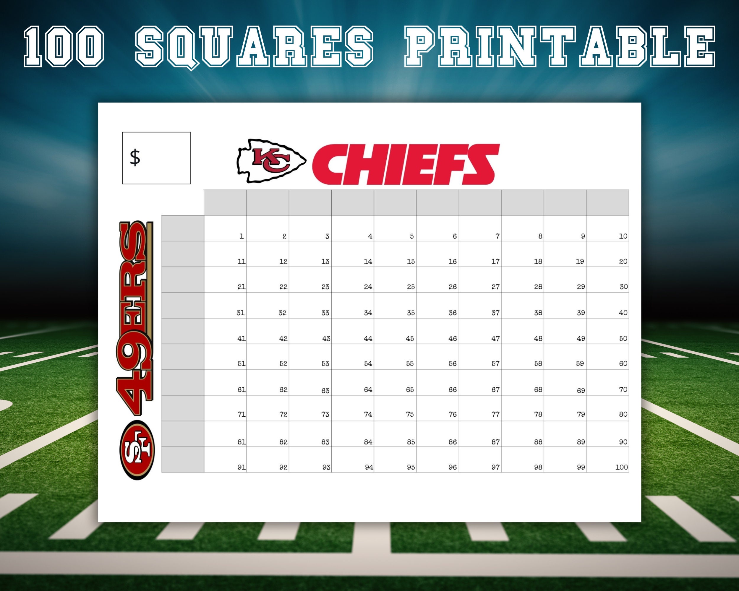 Printable Super Bowl Squares 100 Numbers, Squares Game, Superbowl LVIII ...
