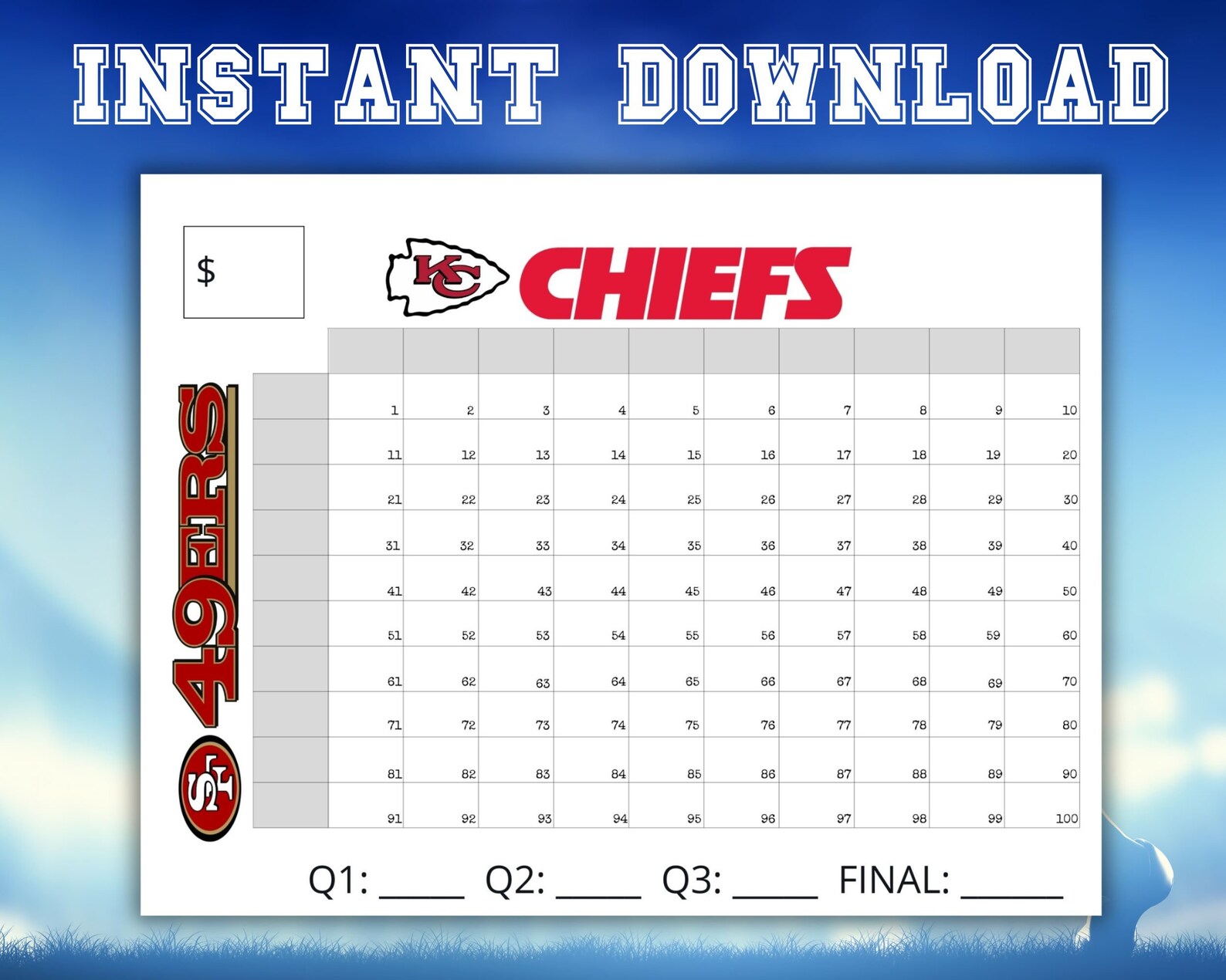 Printable Super Bowl Squares 100 Numbers, Squares Game, Superbowl LVIII ...