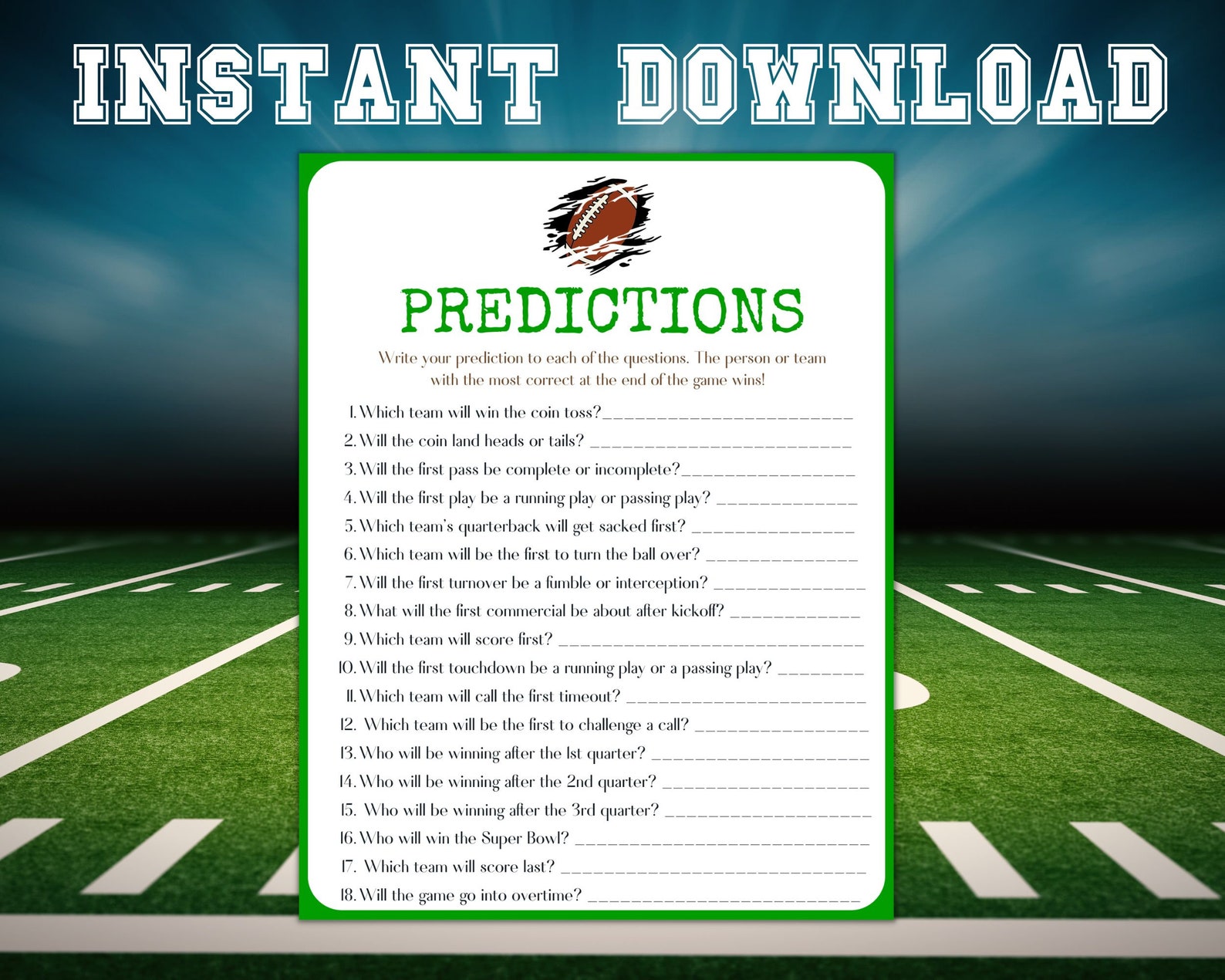 Football Predictions Game, Printable Big Game Predictions, Super Bowl ...