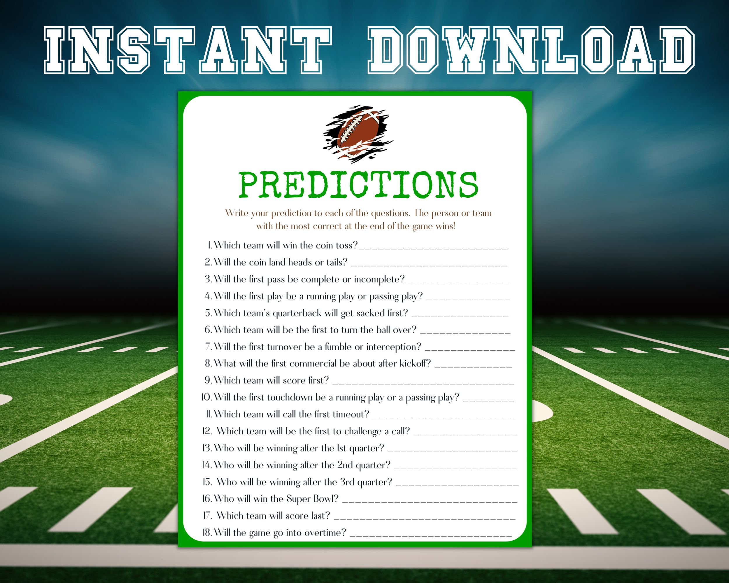 Football Predictions Game, Printable Big Game Predictions, Super Bowl ...