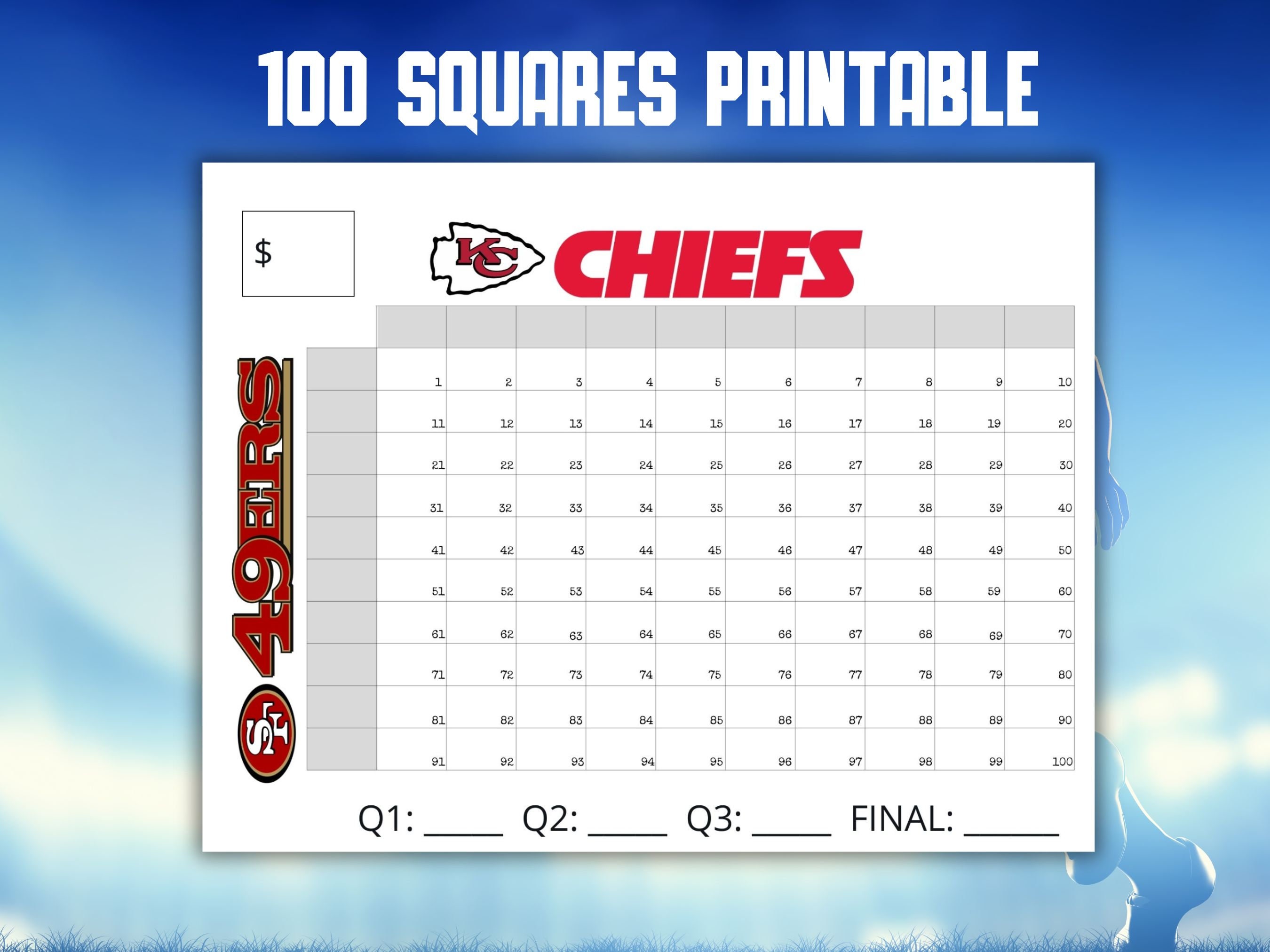 Printable Super Bowl Squares 100 Numbers, Squares Game, Superbowl LVIII ... Printable Super Bowl Squares 100 Numbers, Squares Game, Superbowl LVIII ...