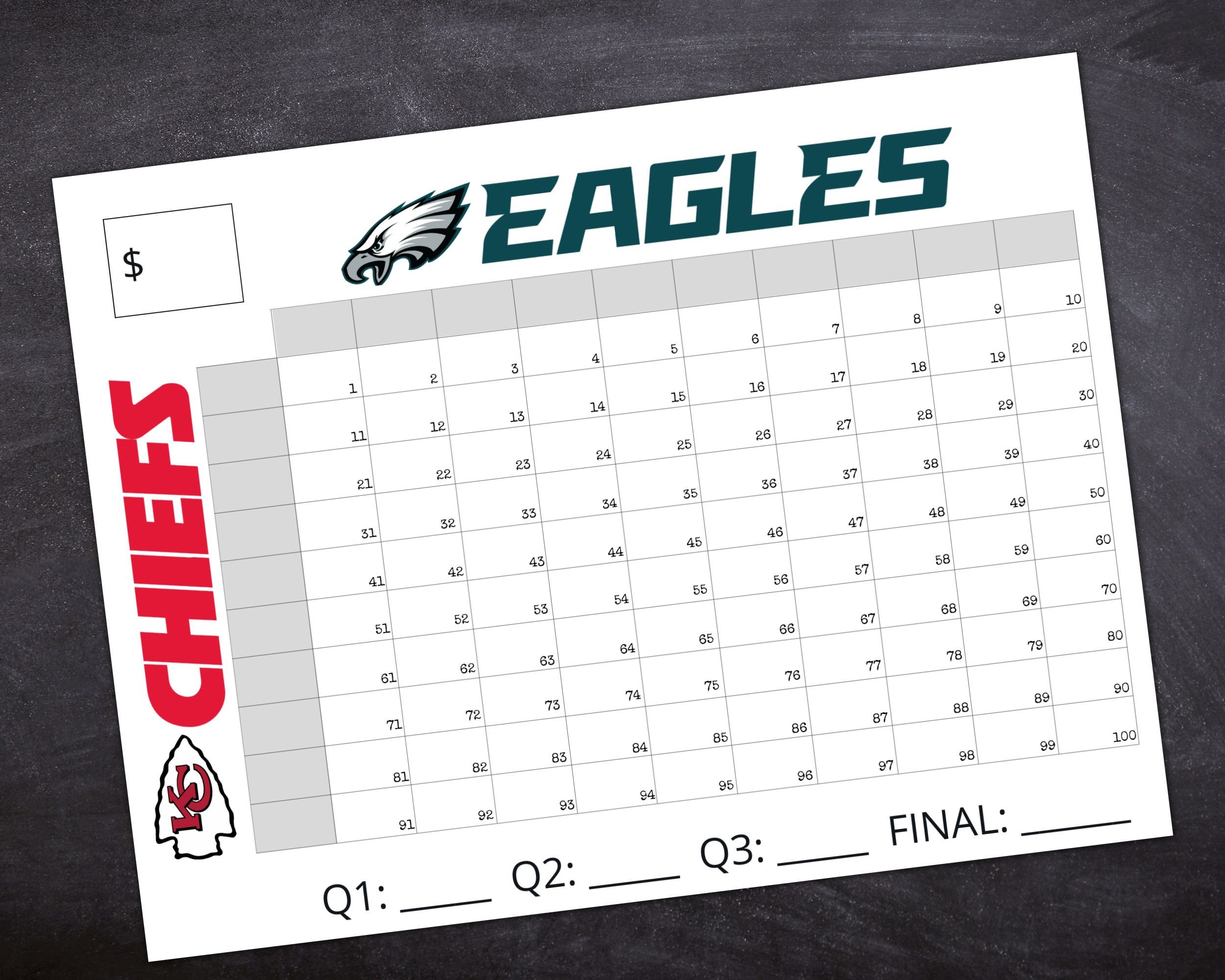 Printable Super Bowl Squares 100 Numbers, Squares Game, Superbowl LIX ...