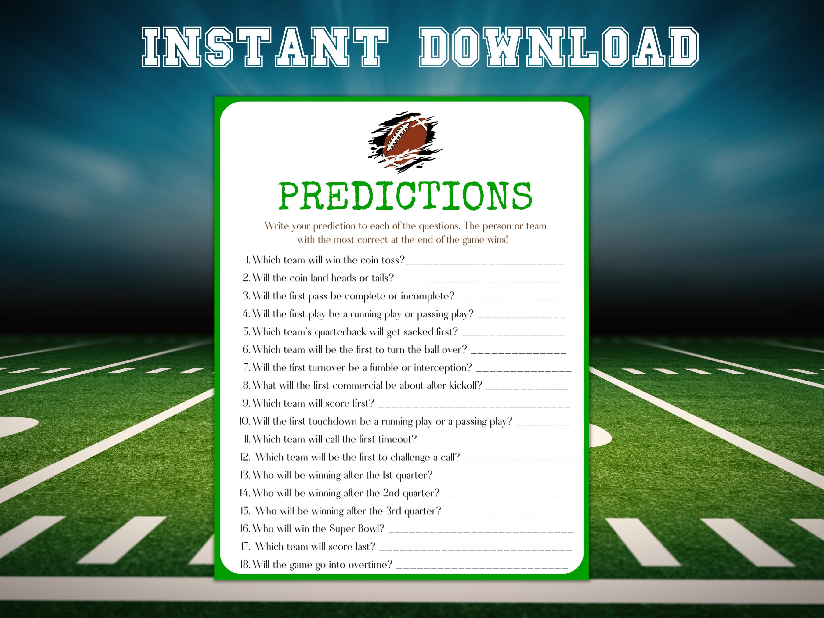 Football Predictions Game, Printable Big Game Predictions, Super Bowl ...