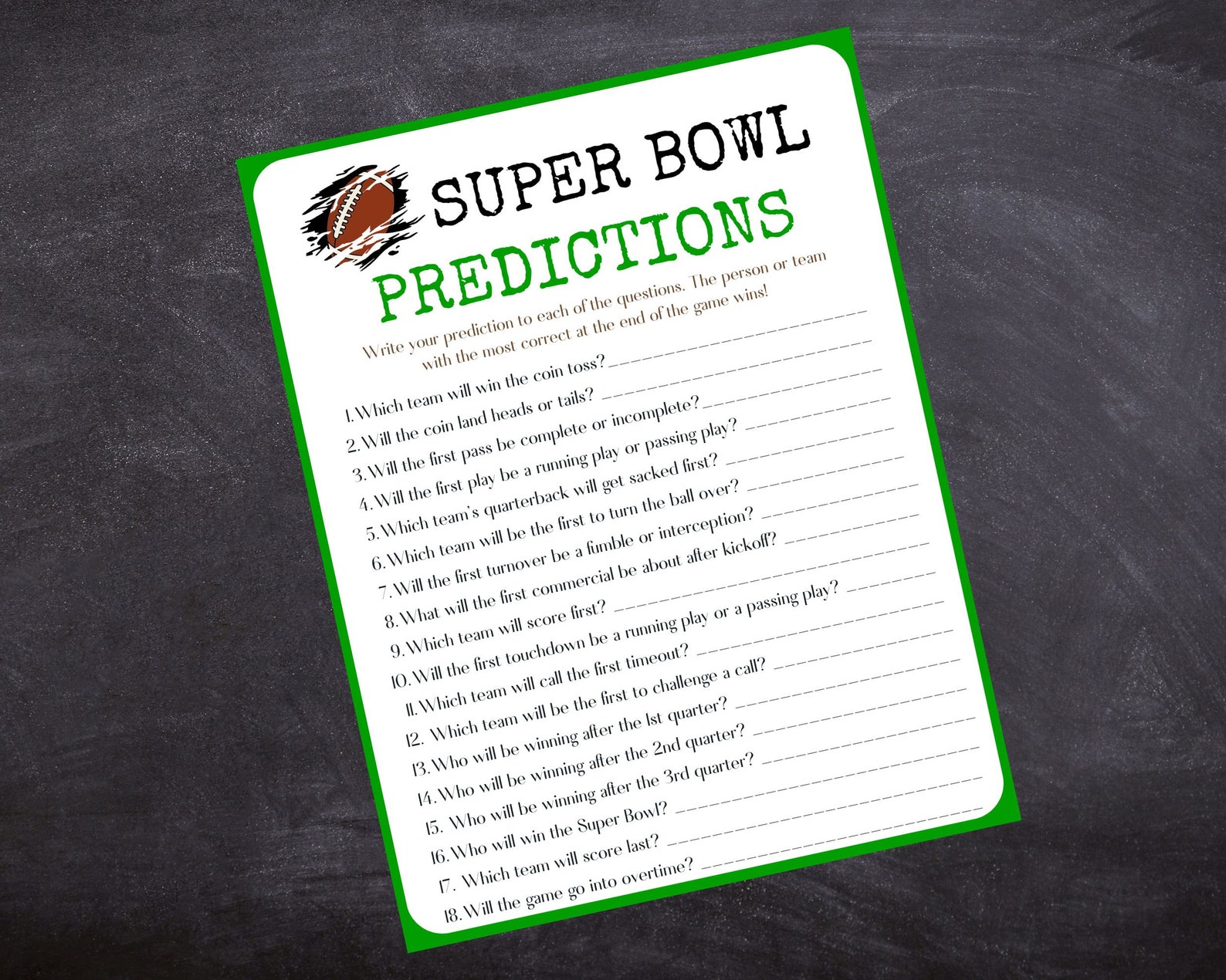 Football Predictions Game, Printable Big Game Predictions, Super Bowl ...