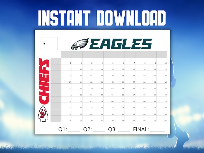 Printable Super Bowl Squares 100 Numbers, Squares Game, Superbowl LIX ...