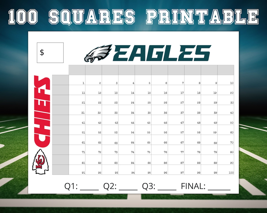Printable Super Bowl Squares 100 Numbers Squares Game - Etsy
