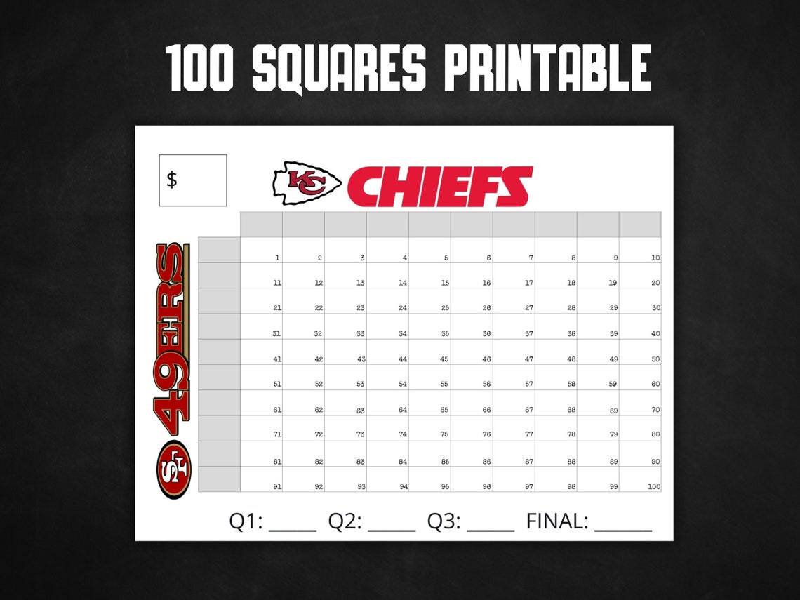 Printable Super Bowl Squares 100 Numbers, Squares Game, Superbowl LVIII ...