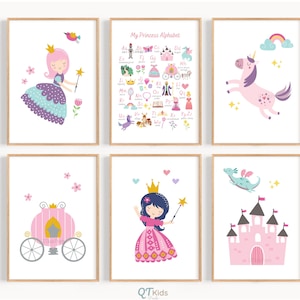 Princess ABC Prints, Girl Nursery Print Set of 6, Playroom Princess ...