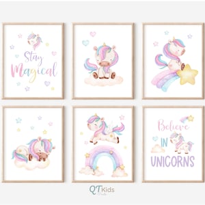 Unicorn Girl Room Printable Wall Art, Set of 6 Unicorn Prints, Believe ...