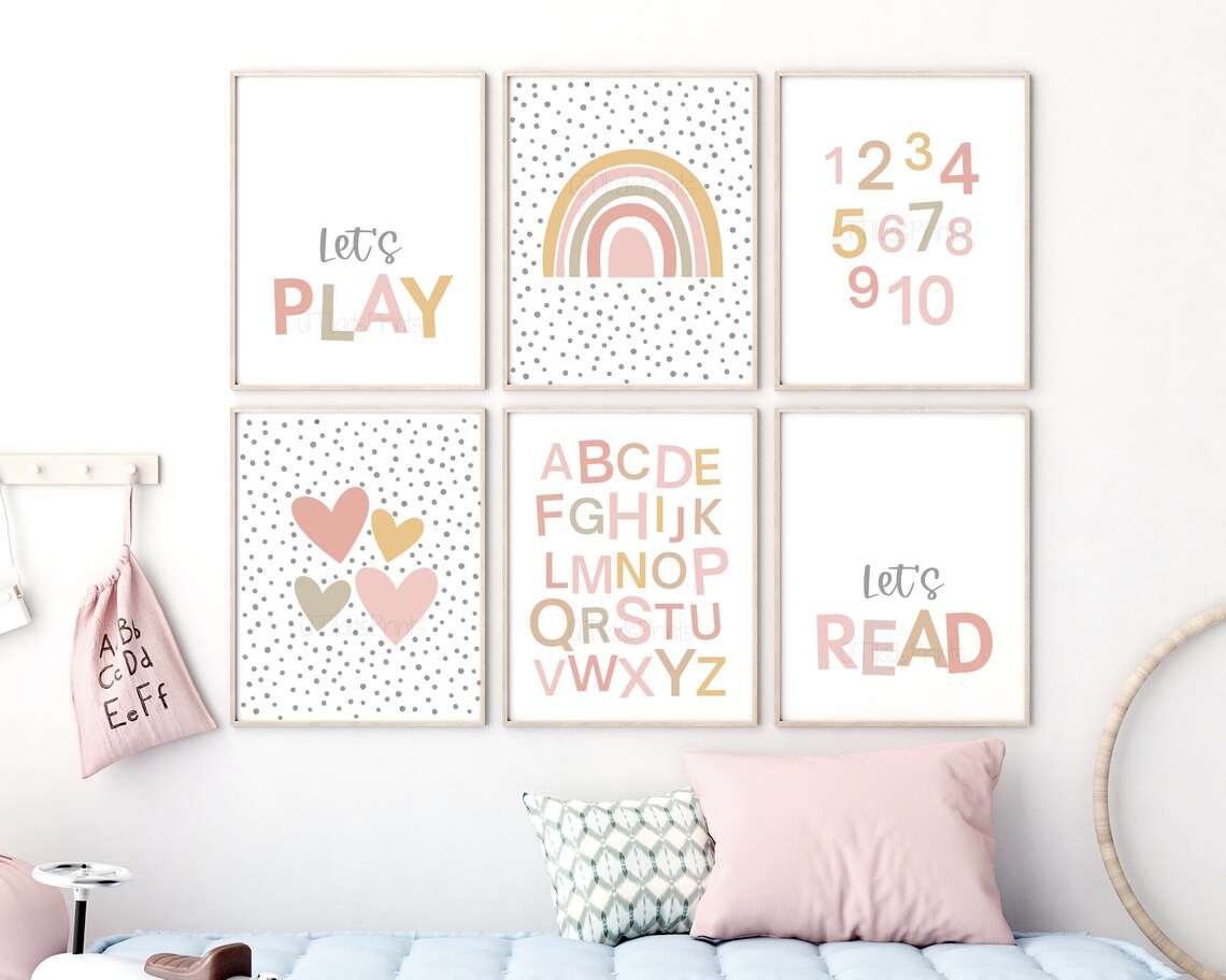 Alphabet Numbers Nursery Prints Set of 6 Girl Room Wall Art - Etsy