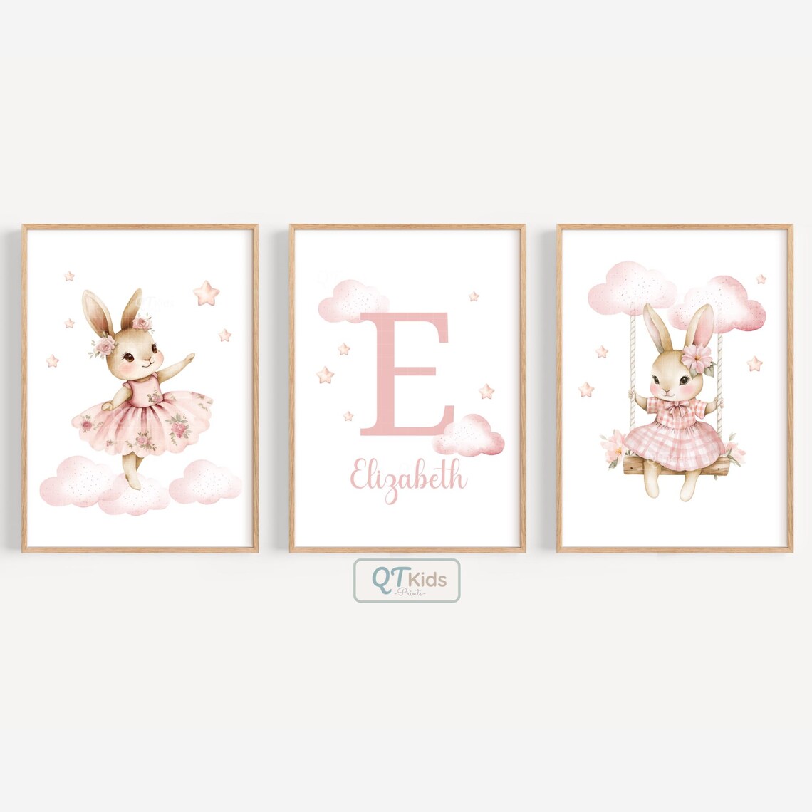 Personalized Pink Bunnies Nursery Prints, Baby Name Prints, Girl Room ...