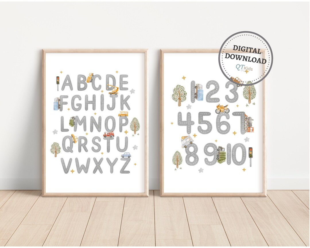 Transport Nursery Alphabet ABC Numbers Prints, Boy Playroom Decor, Cars ...