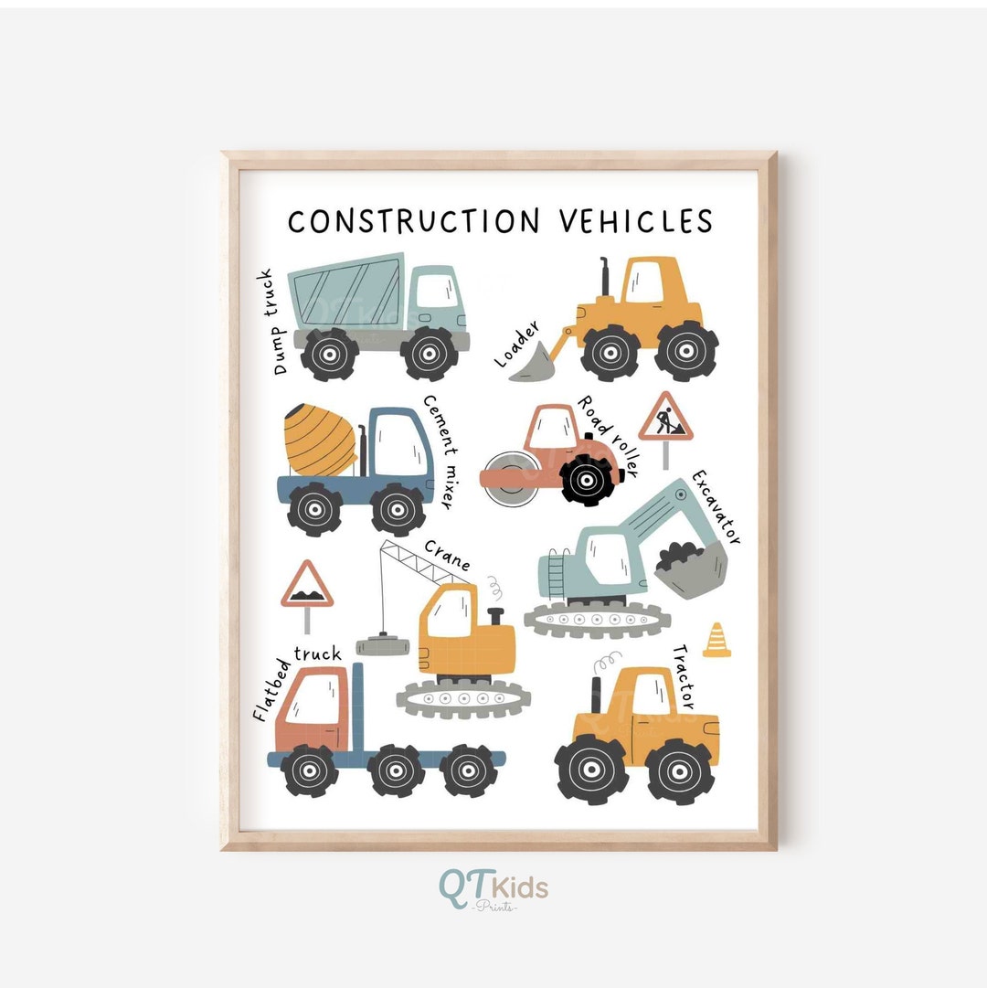 Construction Vehicles Nursery Print, Toddler Boy Playroom Decor, Trucks ...