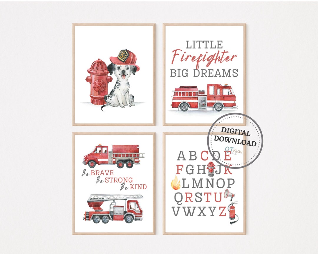 Watercolour Fire Truck Prints, Firefighter Fire Engine Nursery Wall Art ...