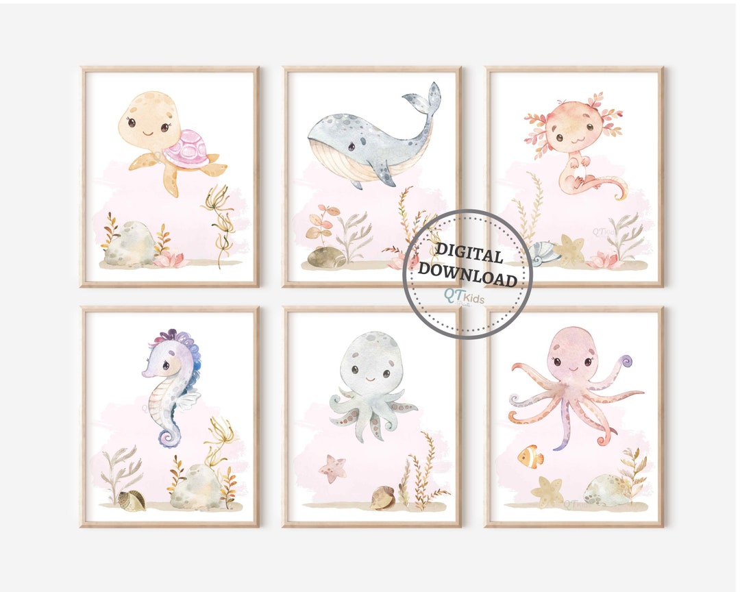 Pink Sea Animal Nursery Prints, Ocean Animal Printable Wall Art ...