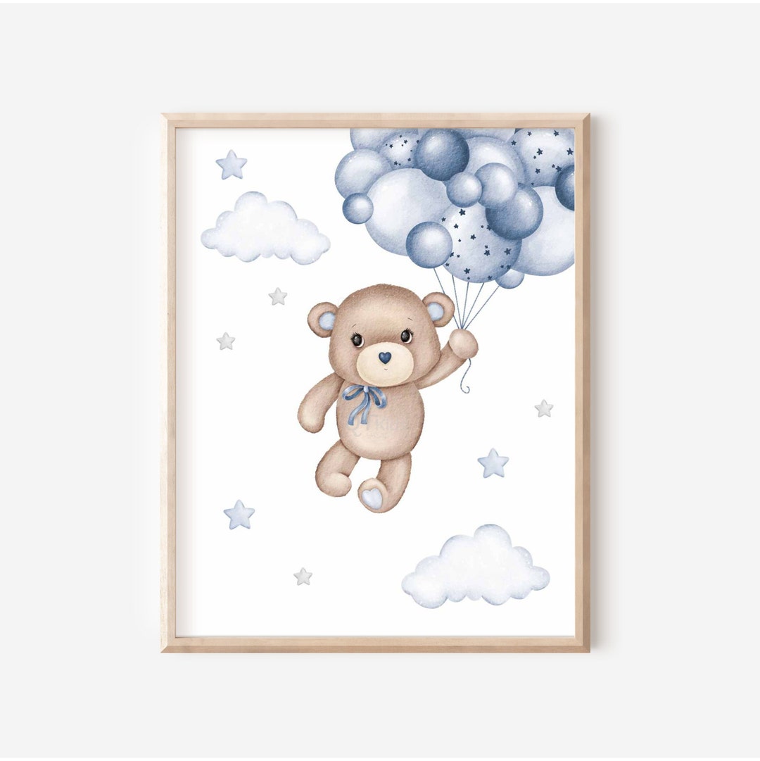 Teddy Bear With Blue Balloons Print, Blue Nursery Decor, Moon Stars ...