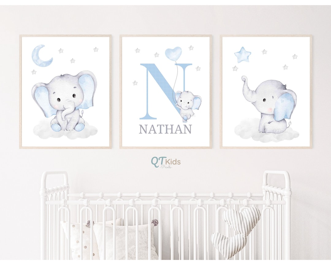 Custom Name Elephant Nursery Prints, Personalized Baby Name Prints, Boy ...