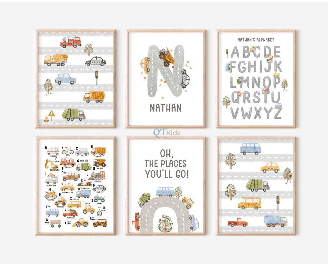 Personalized Transport Nursery Prints, Custom Name Printable Wall Art ...