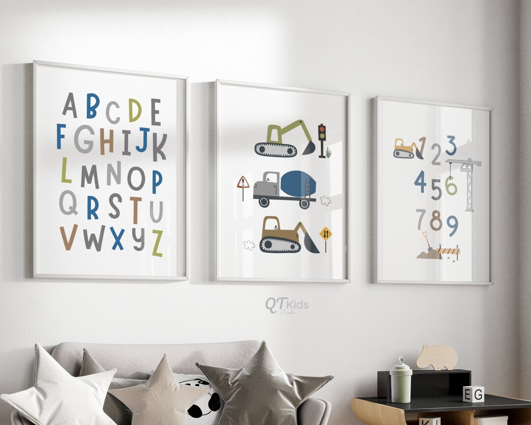 Construction Alphabet Numbers Prints Set of 3, Boy Room Printable Wall ...