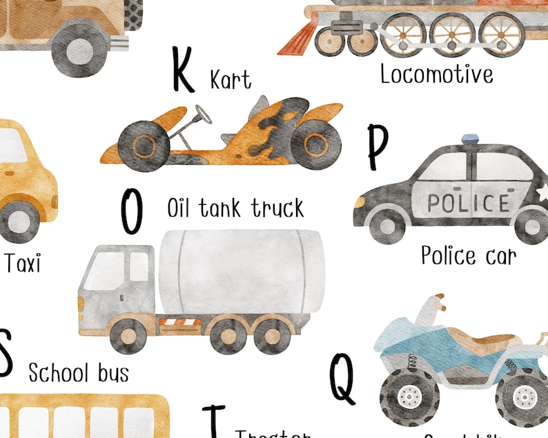 Transport Alphabet Print, Vehicles ABC Print, Boy Playroom Wall Art ...