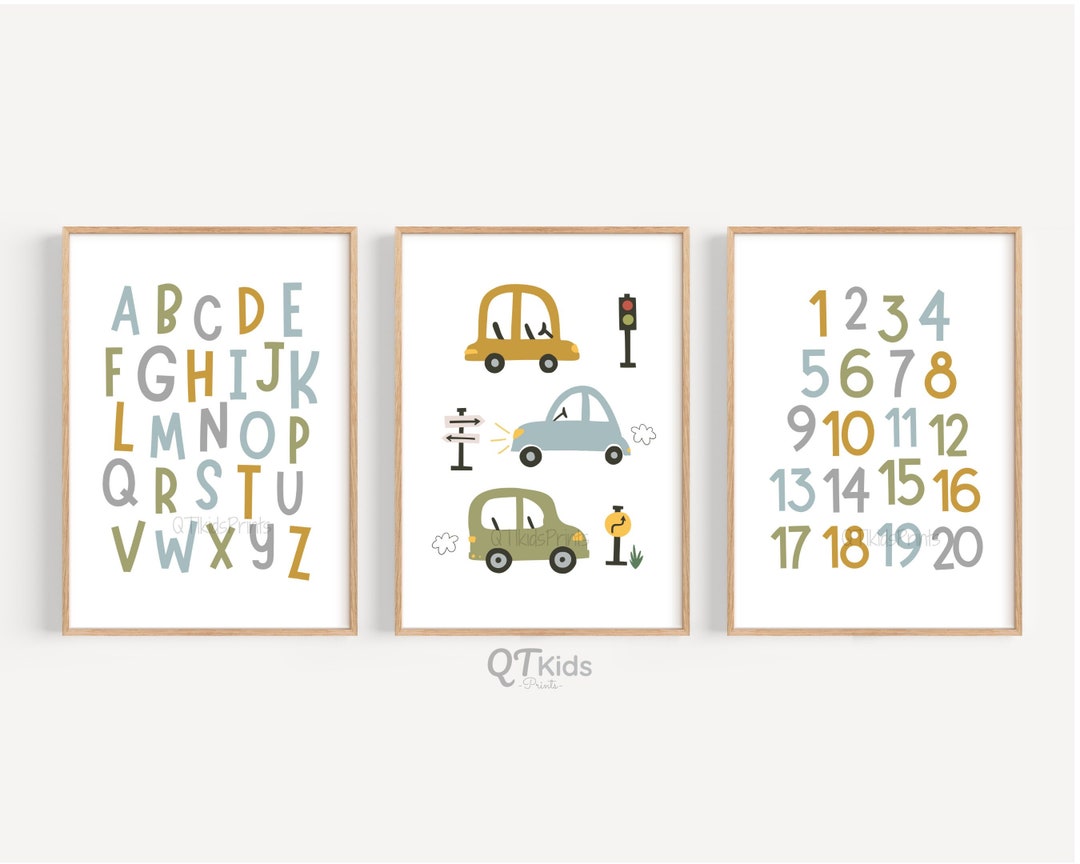 Alphabet Numbers Prints Set of 3, Boy Room Printable Wall Art, Toddler ...