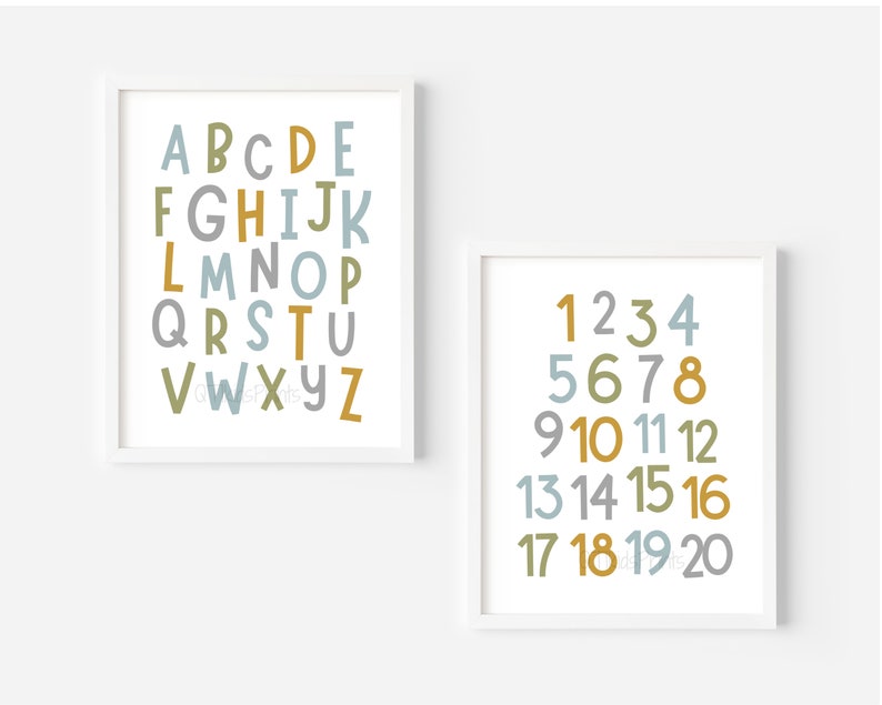 Alphabet Numbers Prints Set of 2, Boy Room Printable Wall Art, Toddler ...
