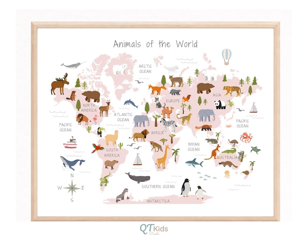 Animal World Map Printable, Kids Learning Poster, Classroom Print ...
